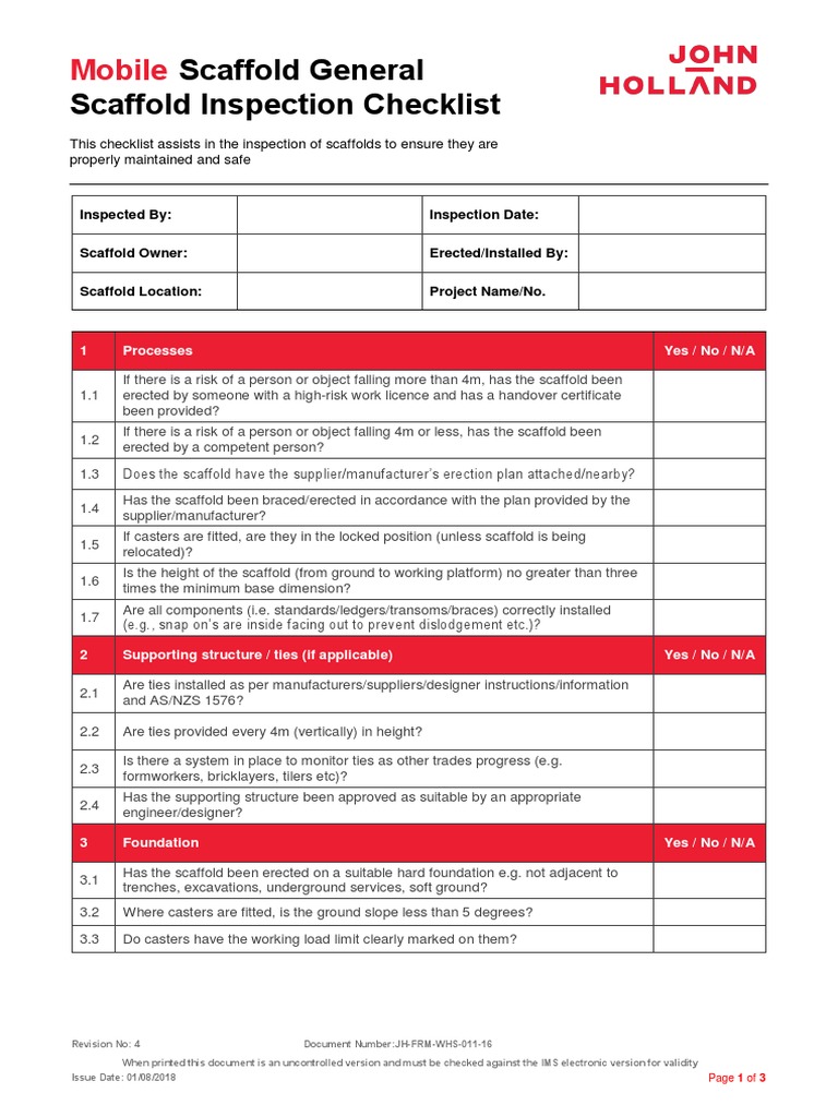 Mobile Scaffold Safety Checklist | PDF | Scaffolding