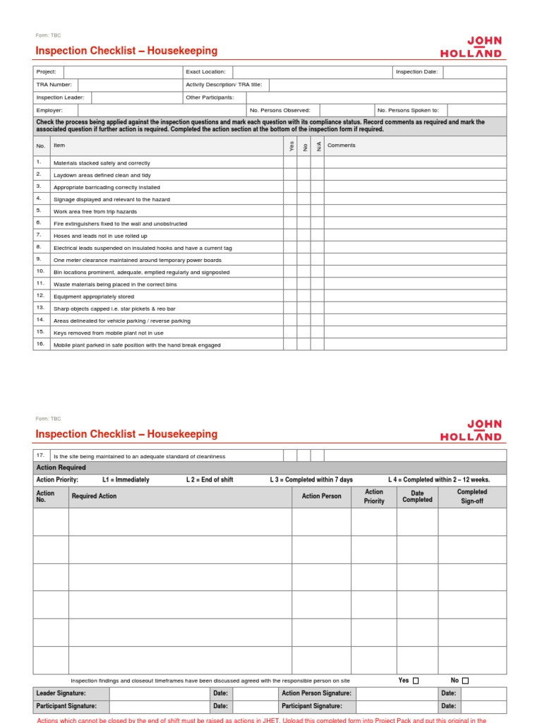 Housekeeping Inspection Checklist Form | PDF | Housekeeping | Safety