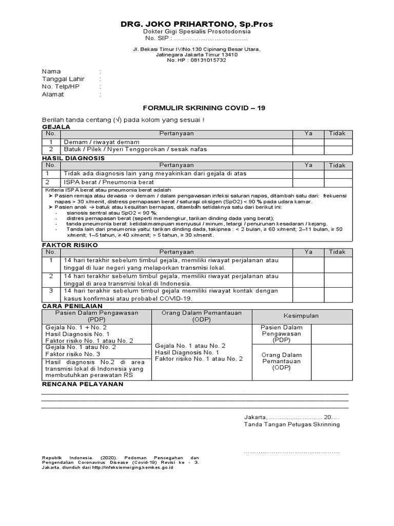 Formulir Skrining Covid 19 | PDF