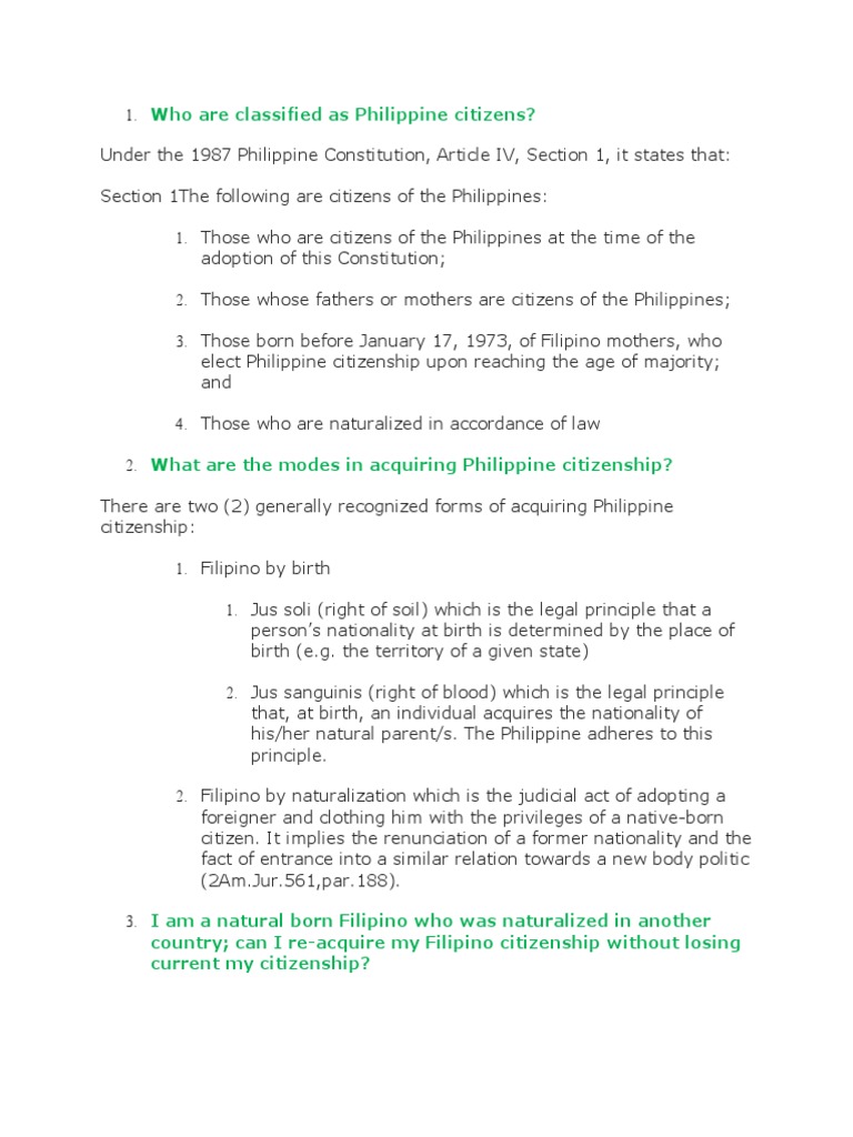 Philippine Citizenship Types Explained | PDF | Naturalization | Citizenship