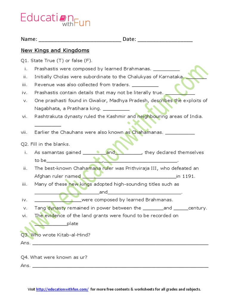 New Kings and Kingdoms Worksheet 1 | PDF | South Asia | Asia