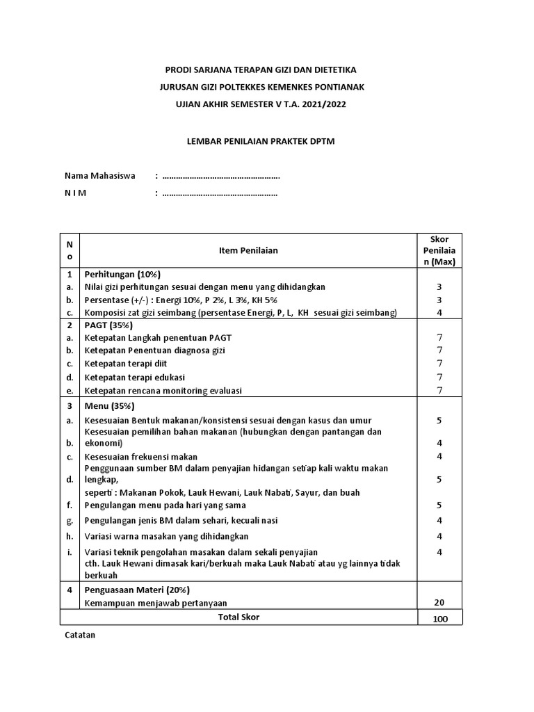 Form Penilaian Praktek DPTM | PDF