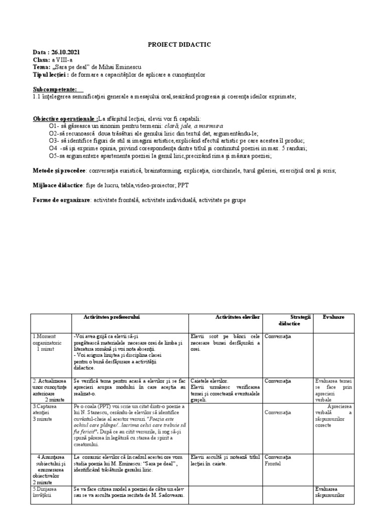 1 Proiect Didactic Recapitulare Genul Liric | PDF