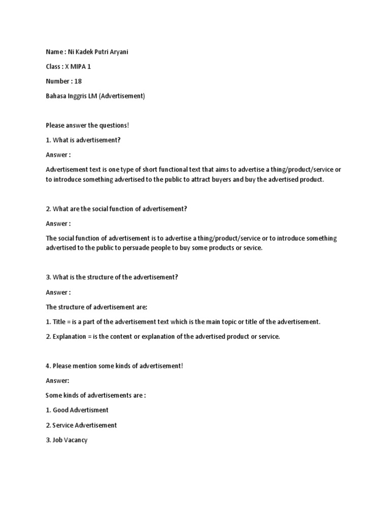 Advertisement (Ni Kadek Putri Aryani-18-X MIPA1) | PDF