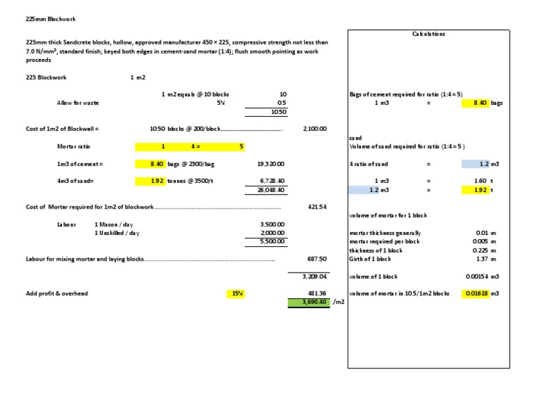 225mm Blockwork | PDF | Mortar (Masonry) | Civil Engineering