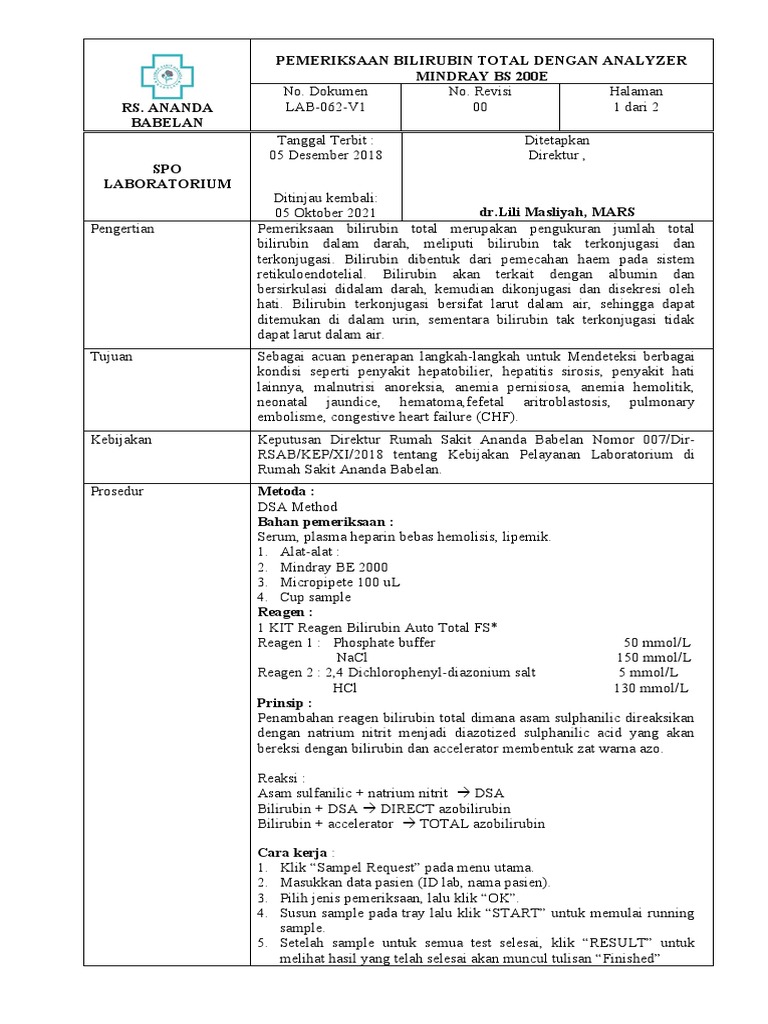 062 SPO Pemeriksaan Bilirubin Total Dengan Analyzer MINDRAY BS 200E | PDF