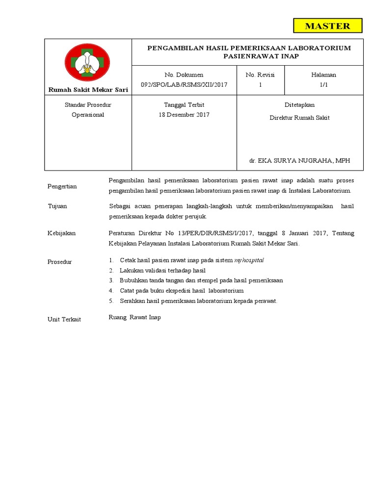 092 SPO Pengambilan Hasil Pemeriksaan Lab. Pasien R. Inap. | PDF