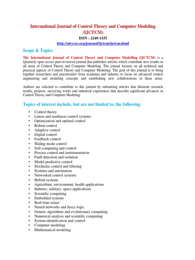 Call For Papers - International Journal of Control Theory and Computer ...