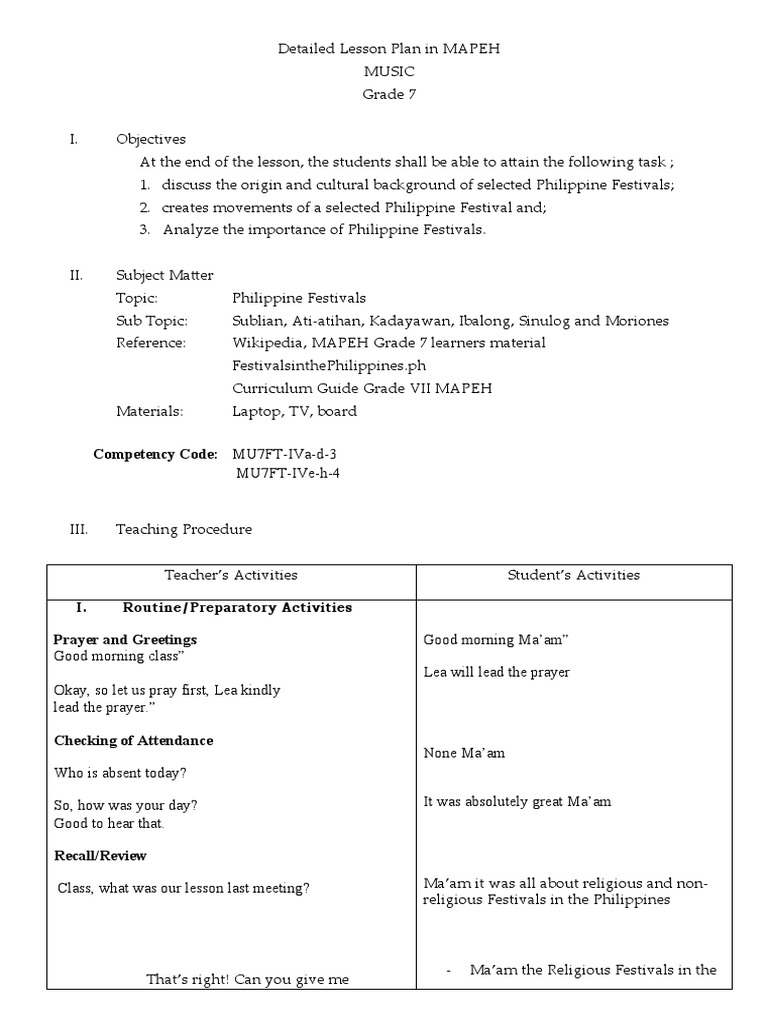 Detailed Lesson Plan in MAPEH | PDF | Philippines