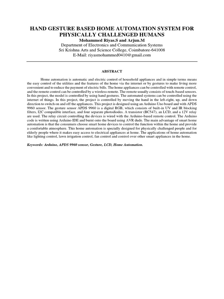 Hand Gesture Based Home Automation System For Physically Challenged Humans | PDF