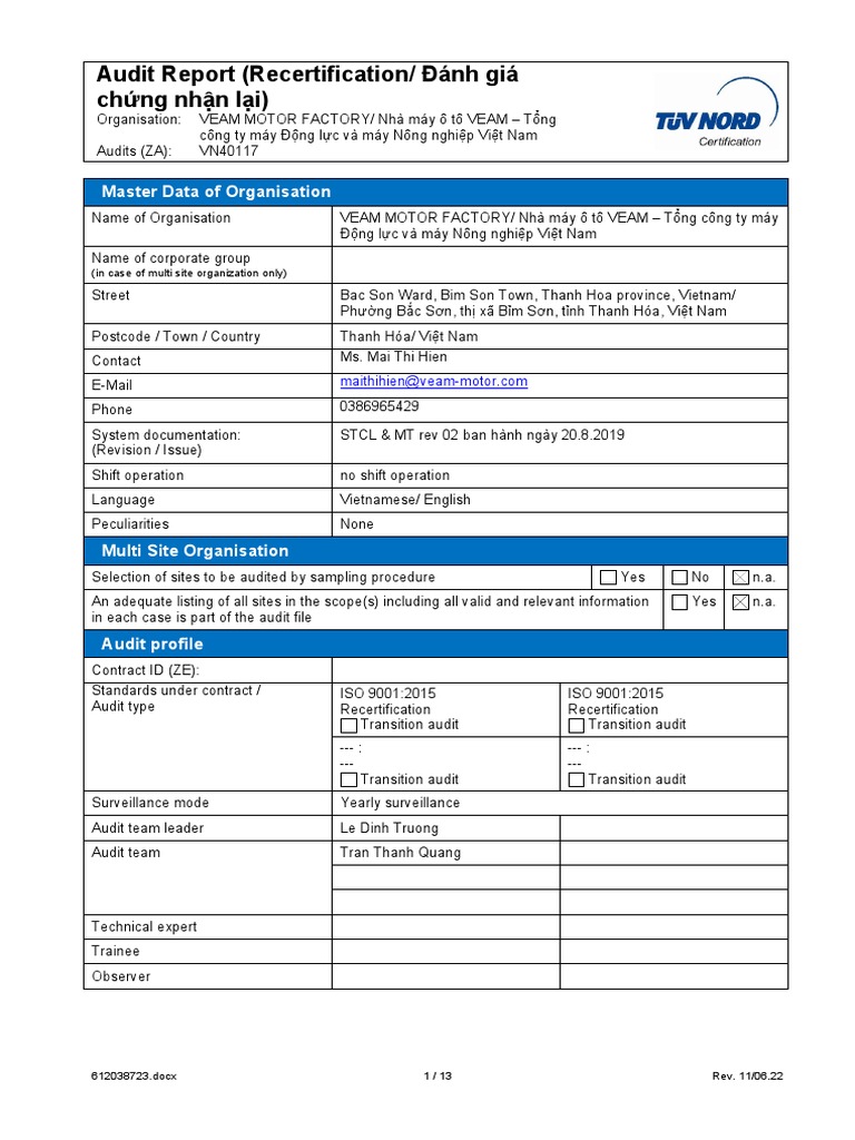 Đánh Giá ISO Năm 2022 A00F207e - Audit report-VEAM MOTOR - RC 9k 14k ...