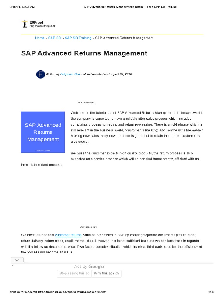 SAP Advanced Returns Management Tutorial - Free SAP SD Training | PDF ...