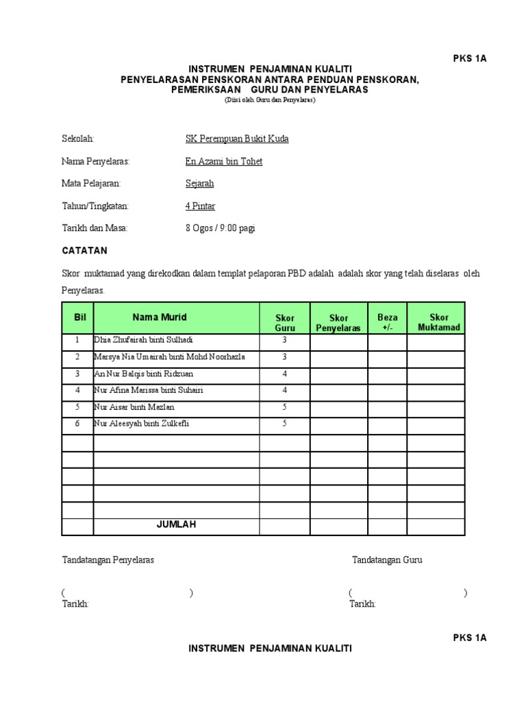 Borang Penyelarasan Pks1a | PDF