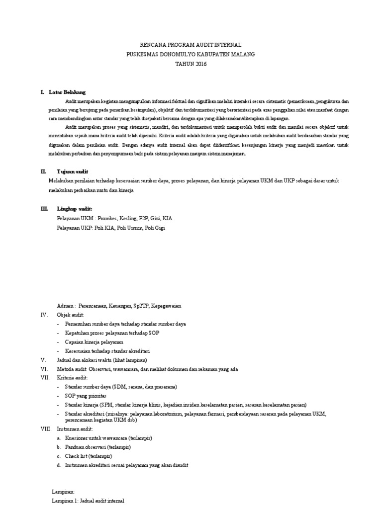 Contoh RENCANA AUDIT INTERNAL PUSKESMAS aDMEN | PDF