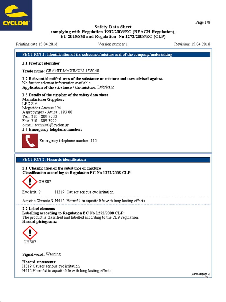 12090sd - GRANIT MAXIMUM 15W-40 (GB) | PDF | Toxicity | Personal Protective Equipment