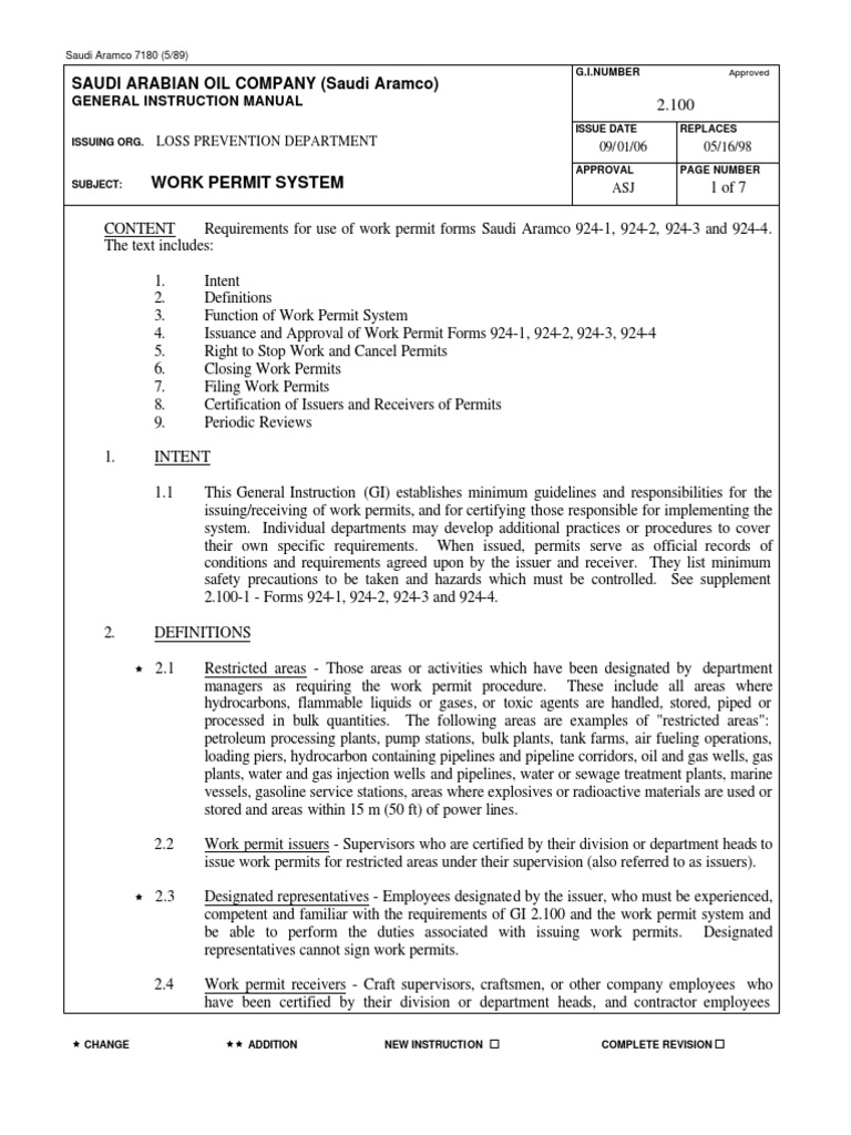 Work Permit System: Saudi Arabian Oil Company (Saudi Aramco) | PDF ...