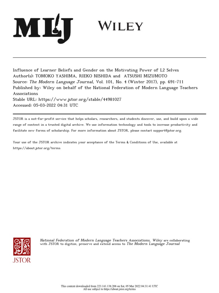 Influence of Learner Beliefs and Gender On The Motivating Power of L2 ...
