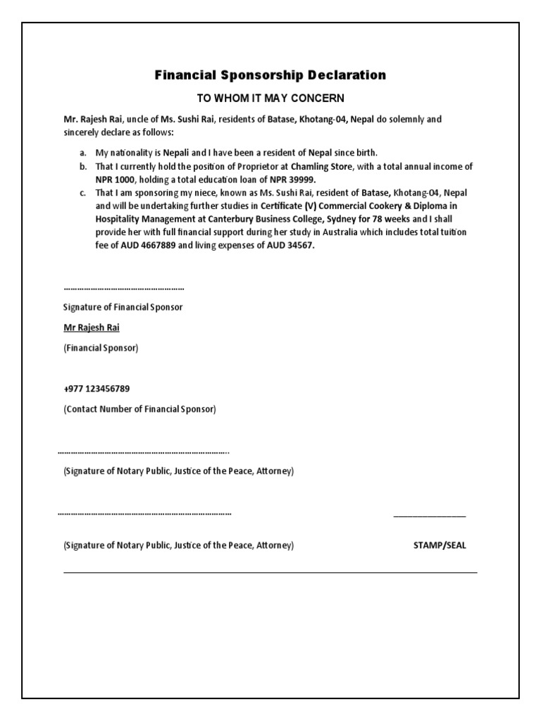 Financial Sponsorship Declaration Form | PDF | Notary Public | Practice ...