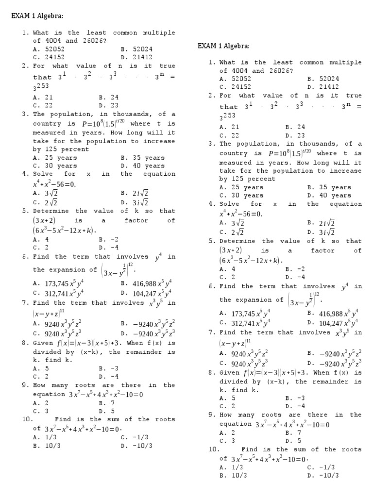 Algebra Exam Questions and Answers | PDF | Algebra | Mathematics