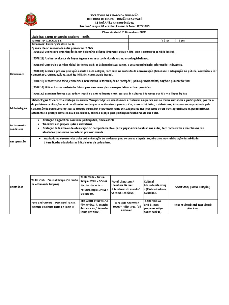 PLANO DE AULAS BIMESTRAL INGLÊS 8º ANOS 2022 | PDF | Aprendizado ...