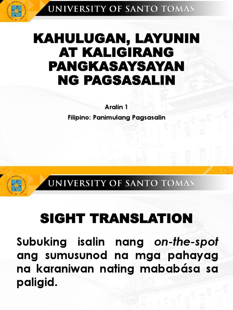 FIL. Aralin 1 Kahulugan at Layunin NG Pagsasalin - Lec 22-23 | PDF