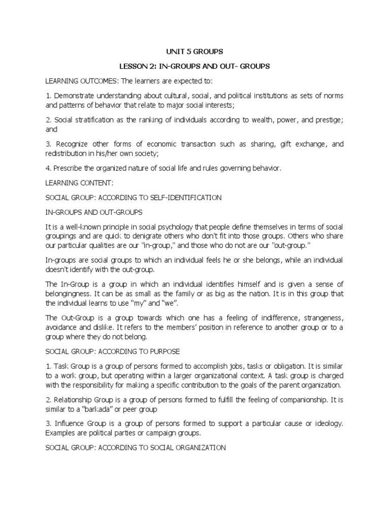 P. Ucsp Unit 5, Lesson 2 - In-Groups and Out - Groups | Download Free ...