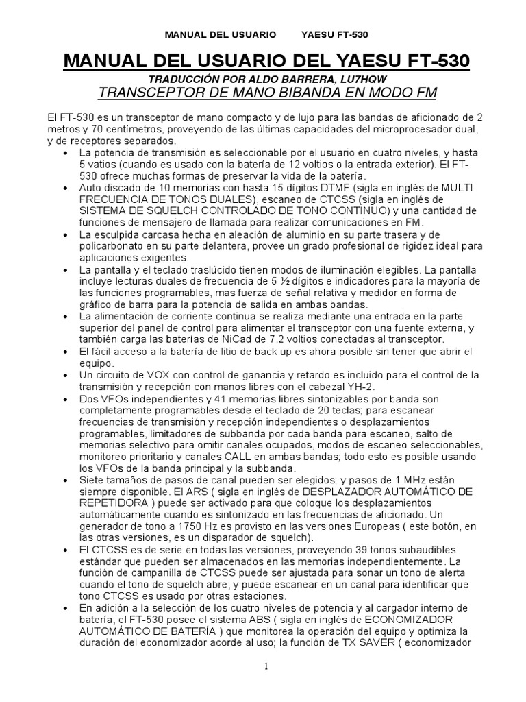 Manual Usuario YAESU FT-530 Transceptor FM | PDF | Cargador de batería ...