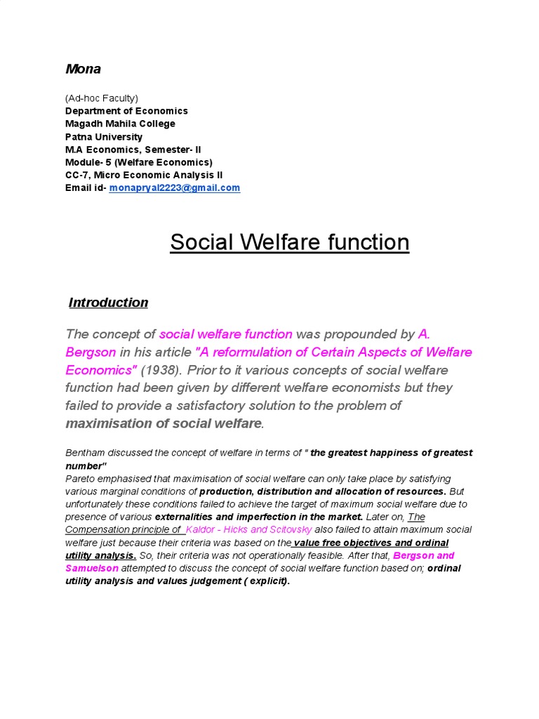 Social Welfare Function | PDF | Welfare Economics | Utility