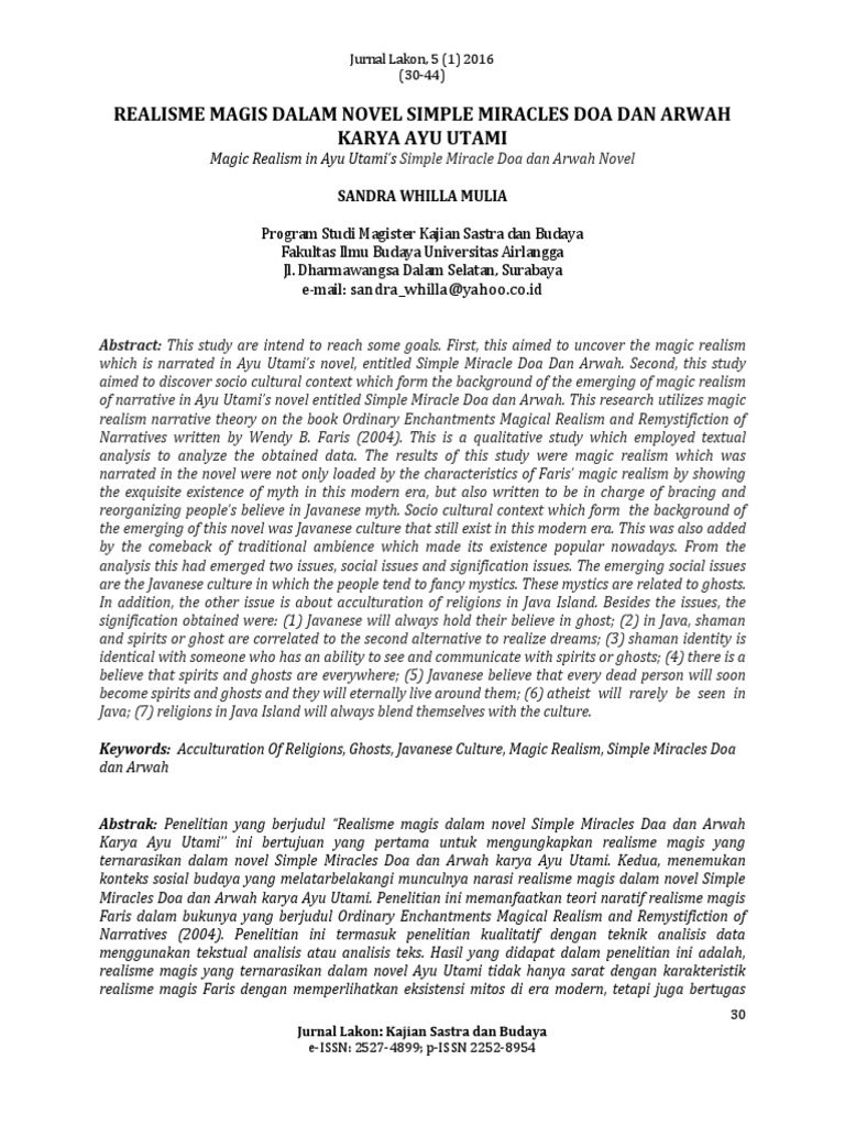 Admin, 3 REALISME MAGIS DALAM NOVEL SIMPLE MIRACLES DOA DAN ARWAH KARYA AYU UTAMI | PDF