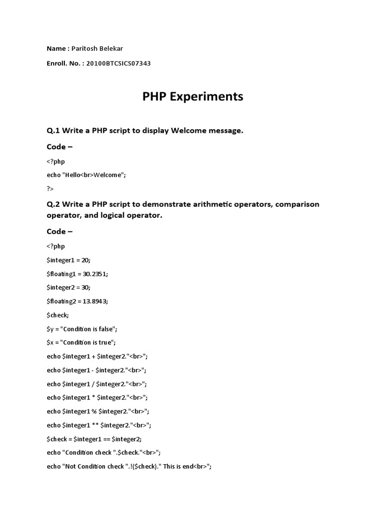 Php List Of Experiments Download Free Pdf Php Variable Computer 9394