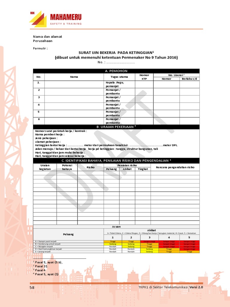 Surat Ijin Bekerja Pada Ketinggian (WAH Permit) | PDF