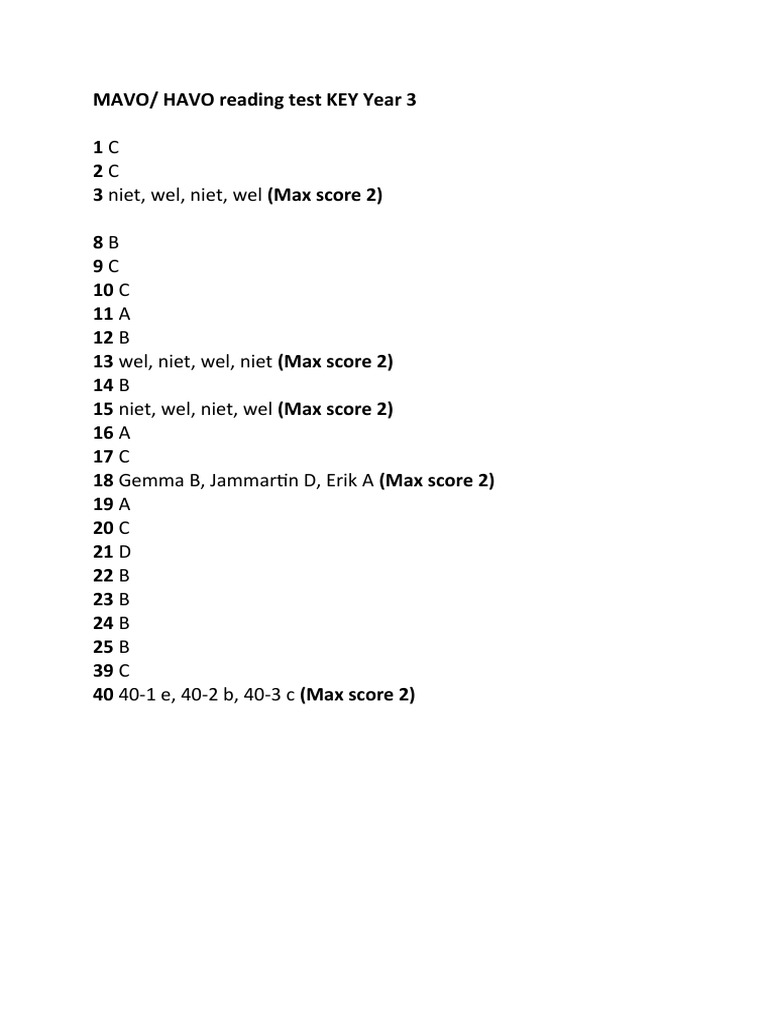 Reading Test Year 3 Mavo:Havo Antwoorden | PDF