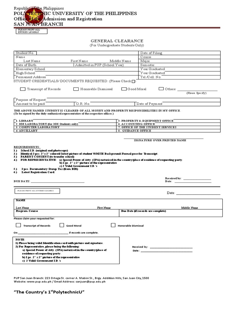 Request for Student Credentials and Clearance from Polytechnic University of the Philippines San ...