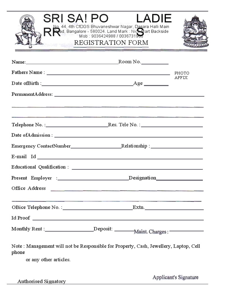 Paying Guest Registration Form | PDF