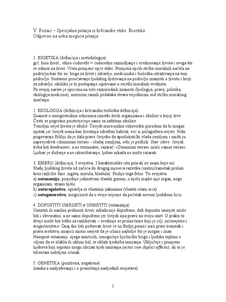 Bioetika Pitanja Za Ispit | PDF
