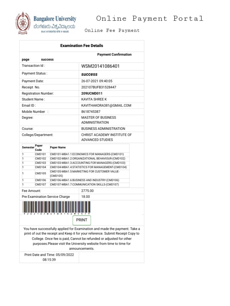 Bangalore University Kavitha | PDF | Fee | Receipt