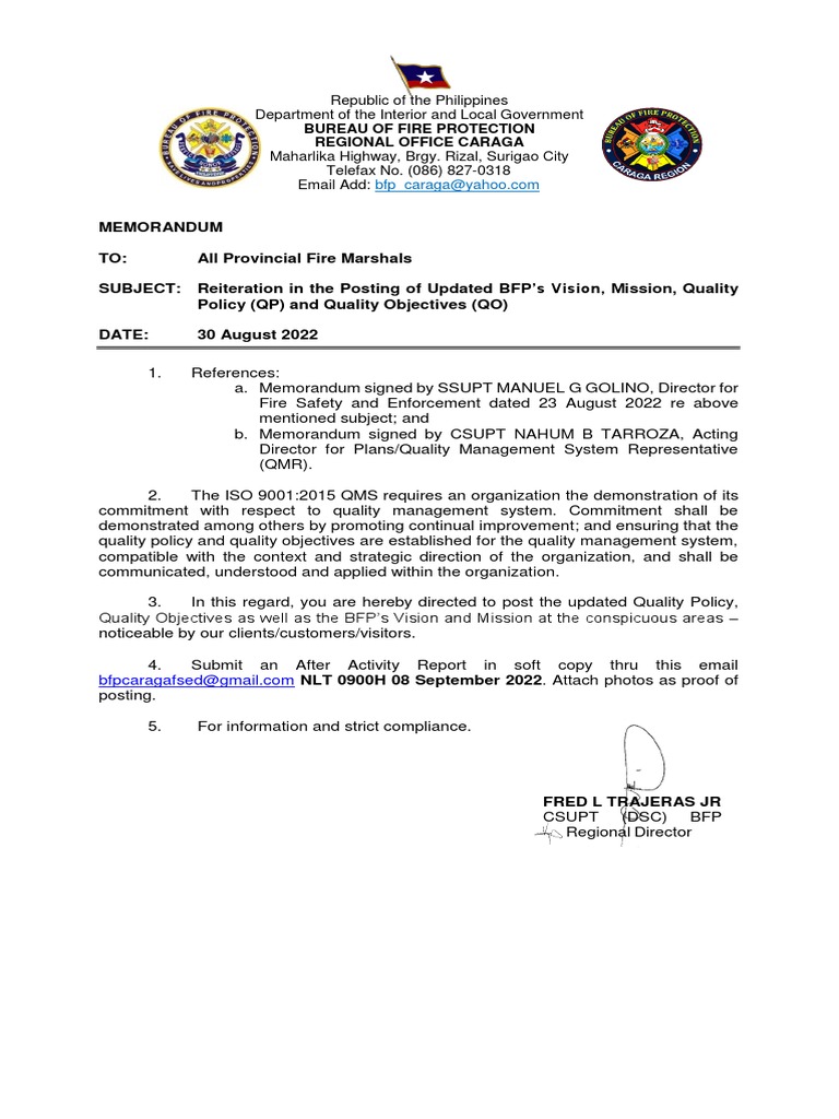 Posting of Updated BFP Quality Policy and Quality Objectives | PDF