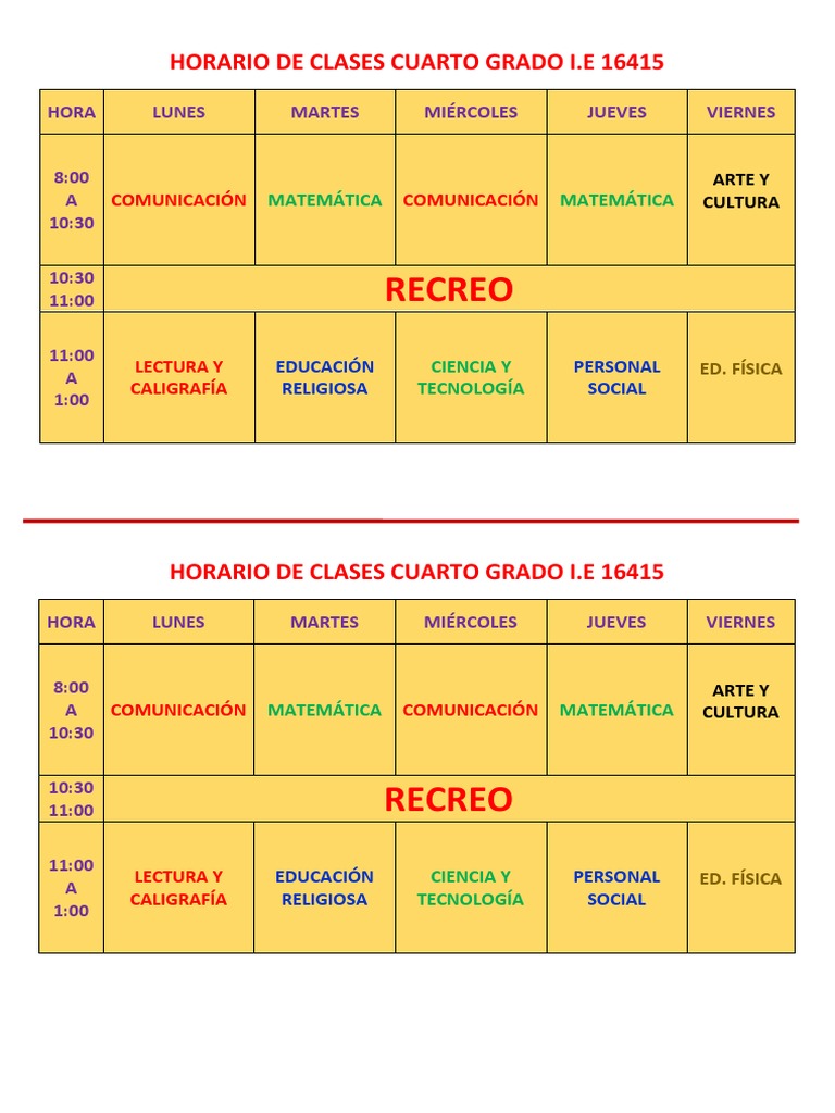 Horario de Clases Cuarto Grado 16415 | PDF