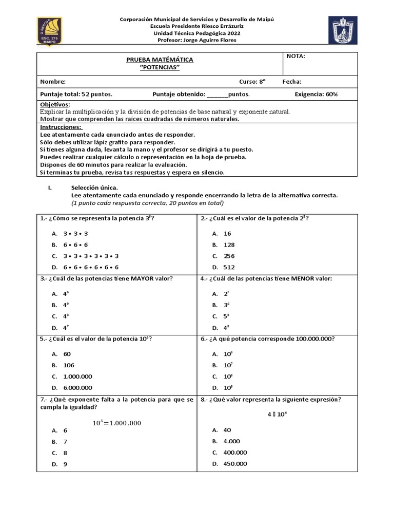 Prueba 8° 2022 Potencias | PDF | Exponenciación