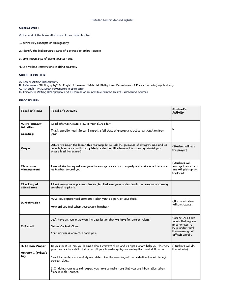 Detailed Lesson Plan in English 6 | PDF | Books | Bibliography