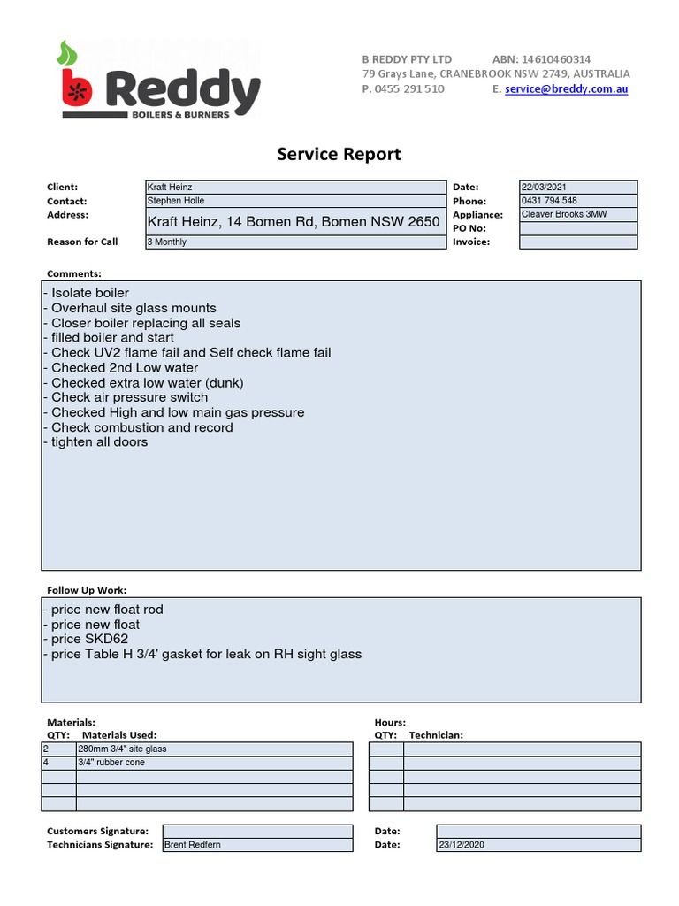 Boiler Service Report for Kraft Heinz | PDF | Boiler | Gas Technologies