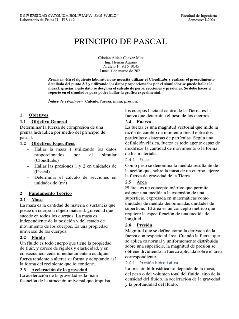 Informe 2 Principio de Pascal | PDF | Fuerza | Masa