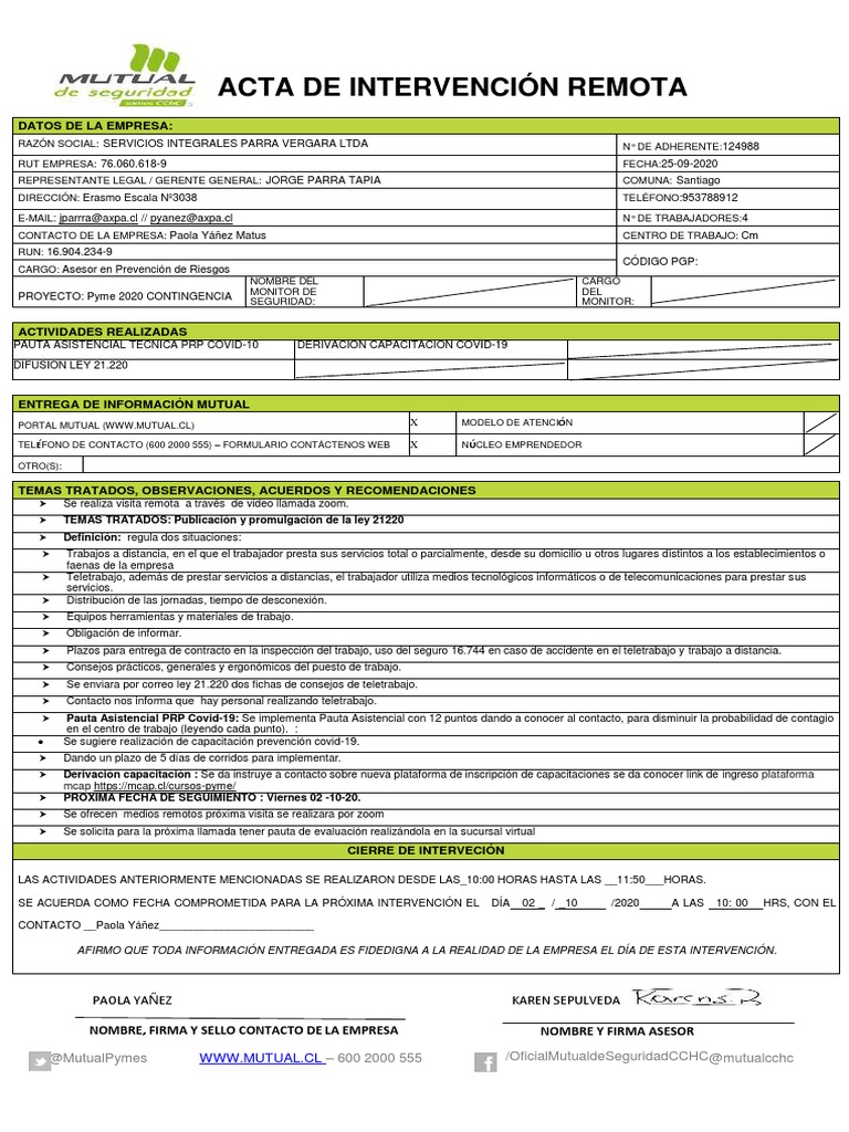 ACTA DE INTERVENCIÓN REMOTA Adh-124988 | PDF