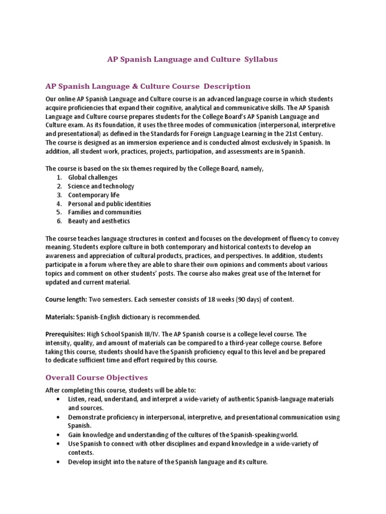 AP Spanish Language & Culture Syllabus | PDF