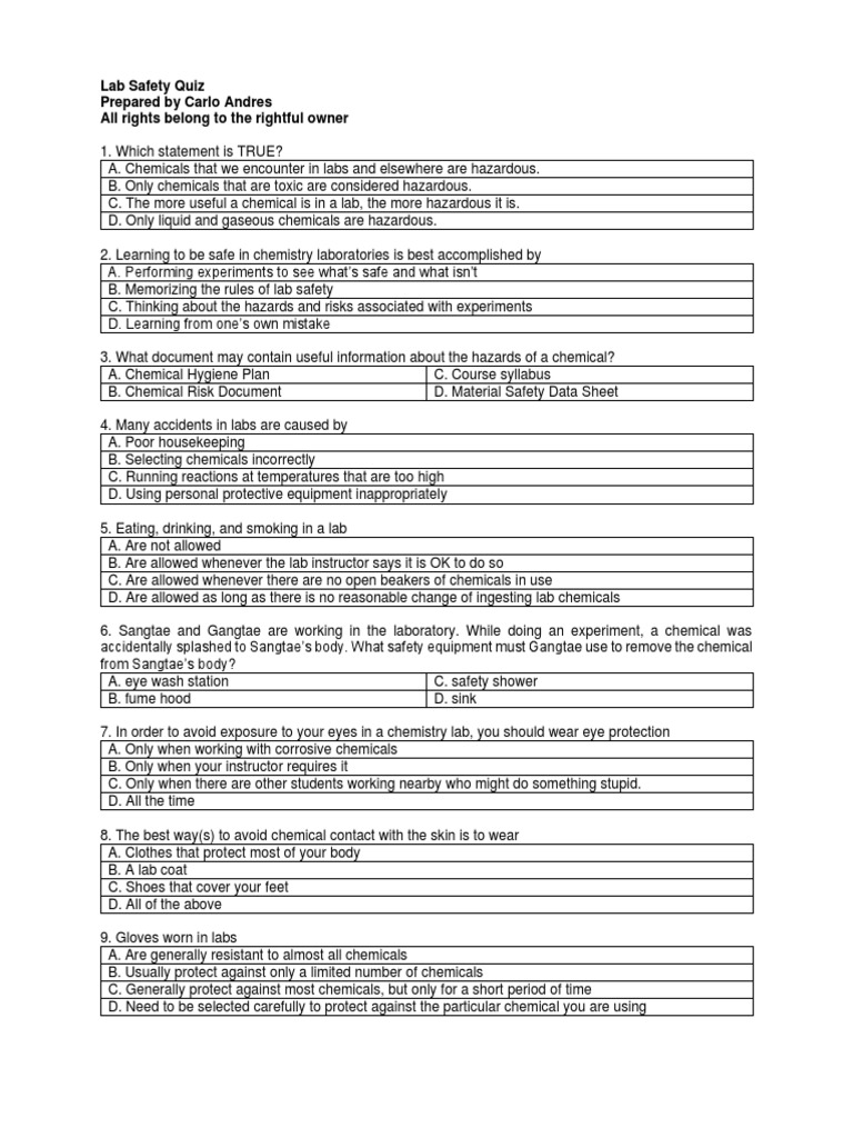Lab Safety Quiz: Chemical Handling and PPE | PDF | Laboratories | Acid