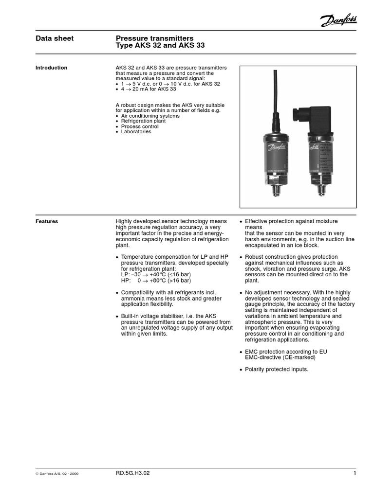 Transmissor de Pressao AKS32 AKS33 Danfoss | PDF | Refrigeration | Sensor
