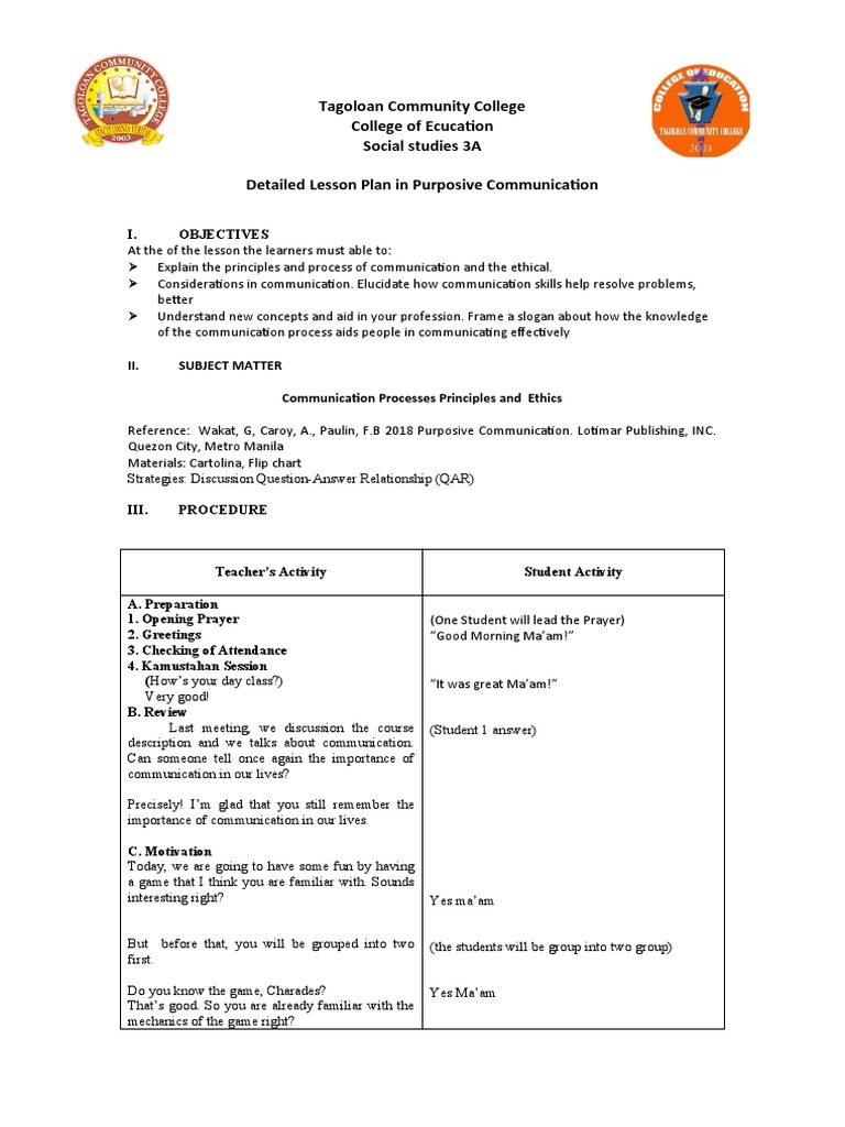 Lesson Plan Purposive | PDF | Communication | Lesson Plan