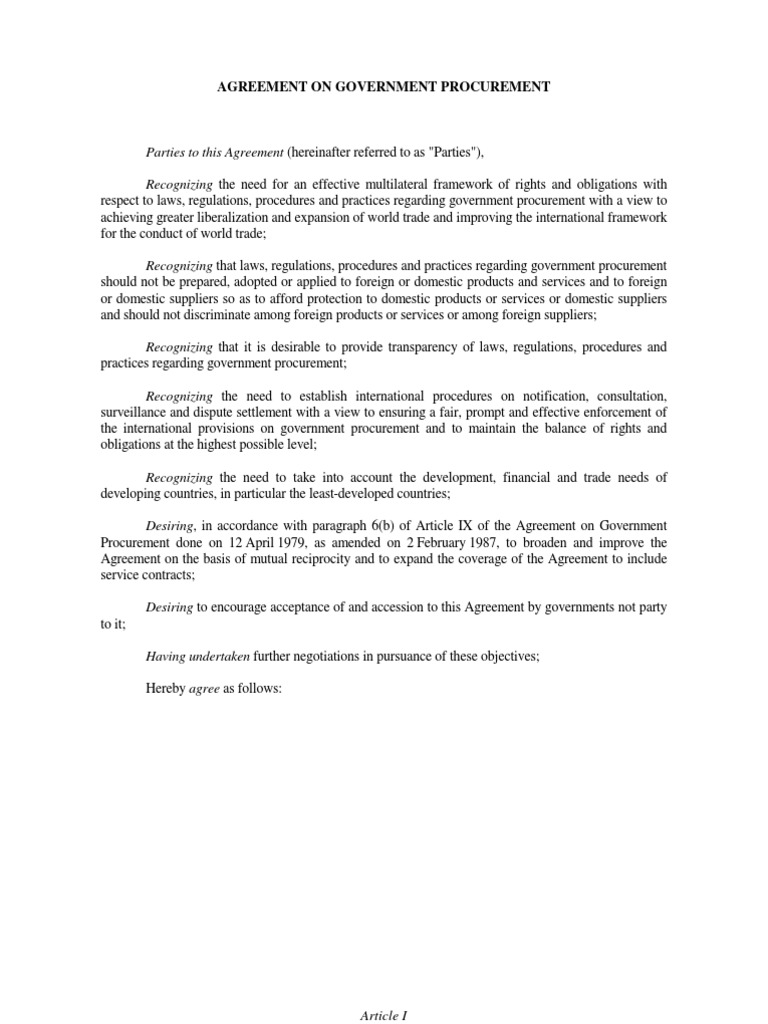 Government Procurement Agreement Overview | PDF | World Trade ...