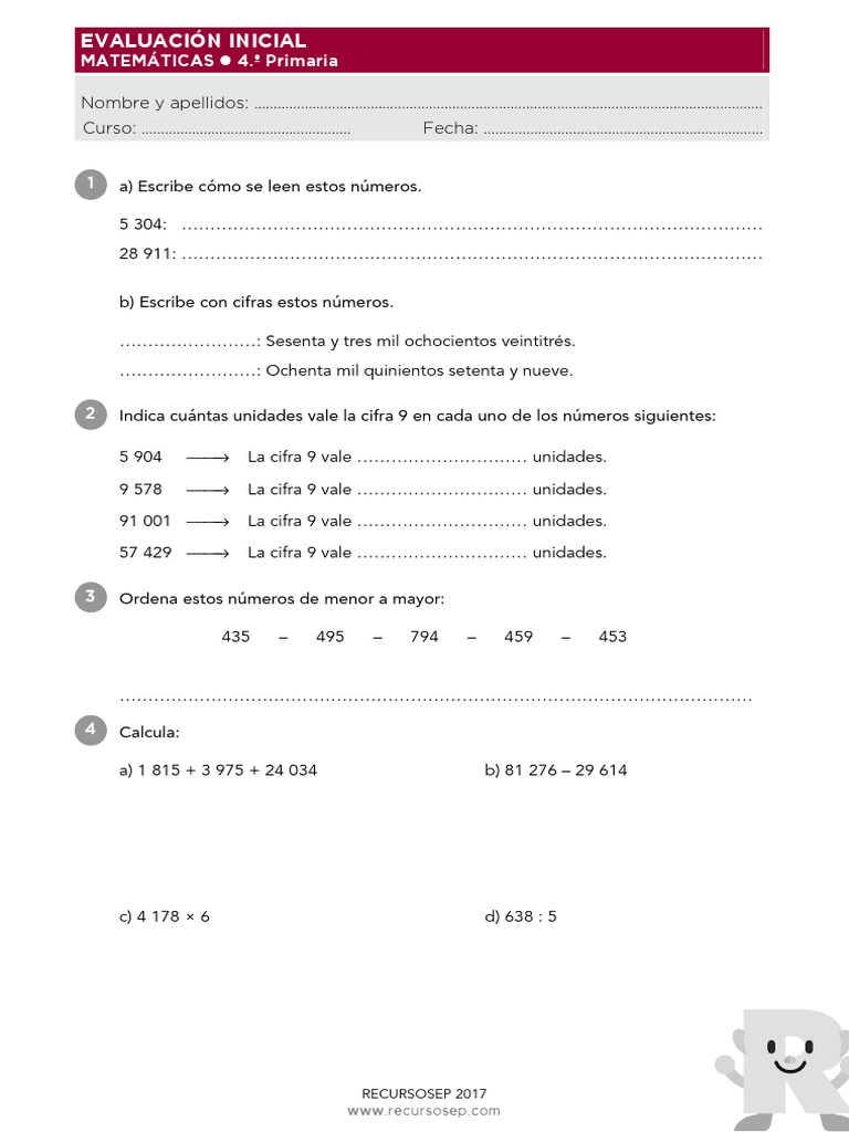 Evaluacion Inicial Recursosep Matematicas 4 Primaria | PDF Evaluacion Inicial Recursosep Matematicas 4 Primaria | PDF