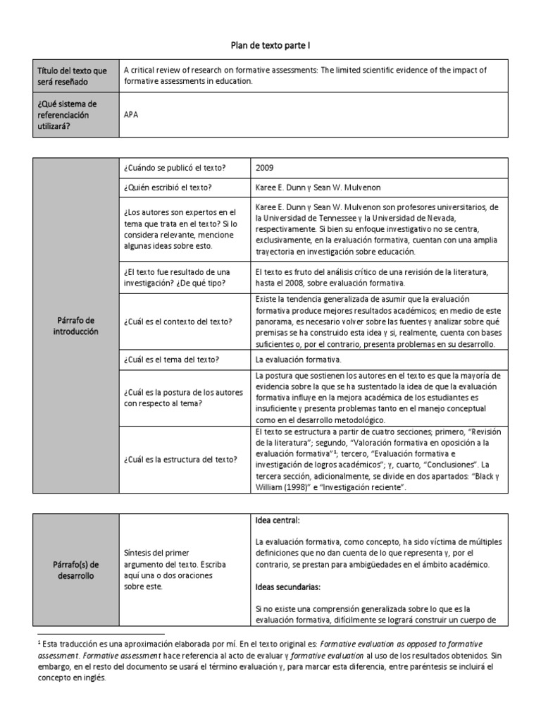 Ejemplo Plan de Texto Reseña | PDF | Evaluación | Cognición